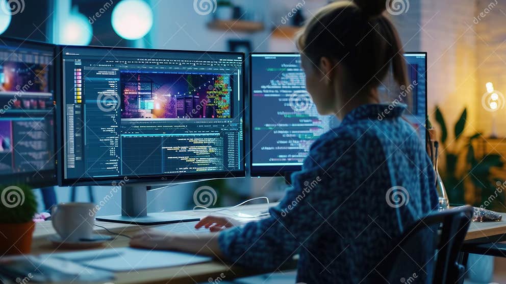 Software Developer Working on Code in Dual Monitor Setup AIG41 Stock Image - Image of ...