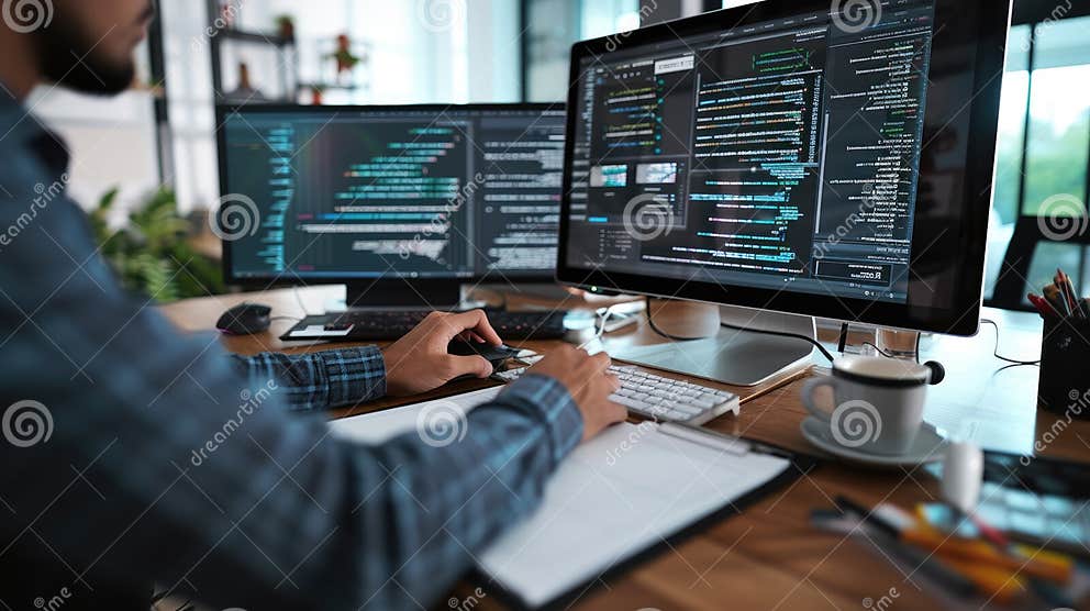 Software Developer Working on Code in Dual Monitor Setup AIG41 Stock ...