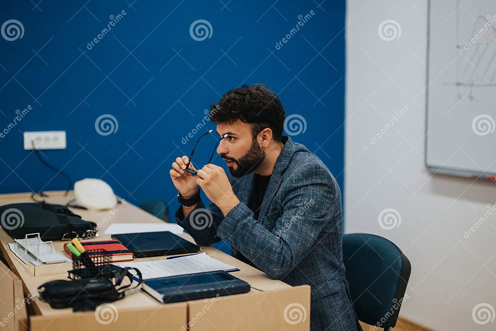 Focused Student Preparing for a Class Presentation in a Classroom ...