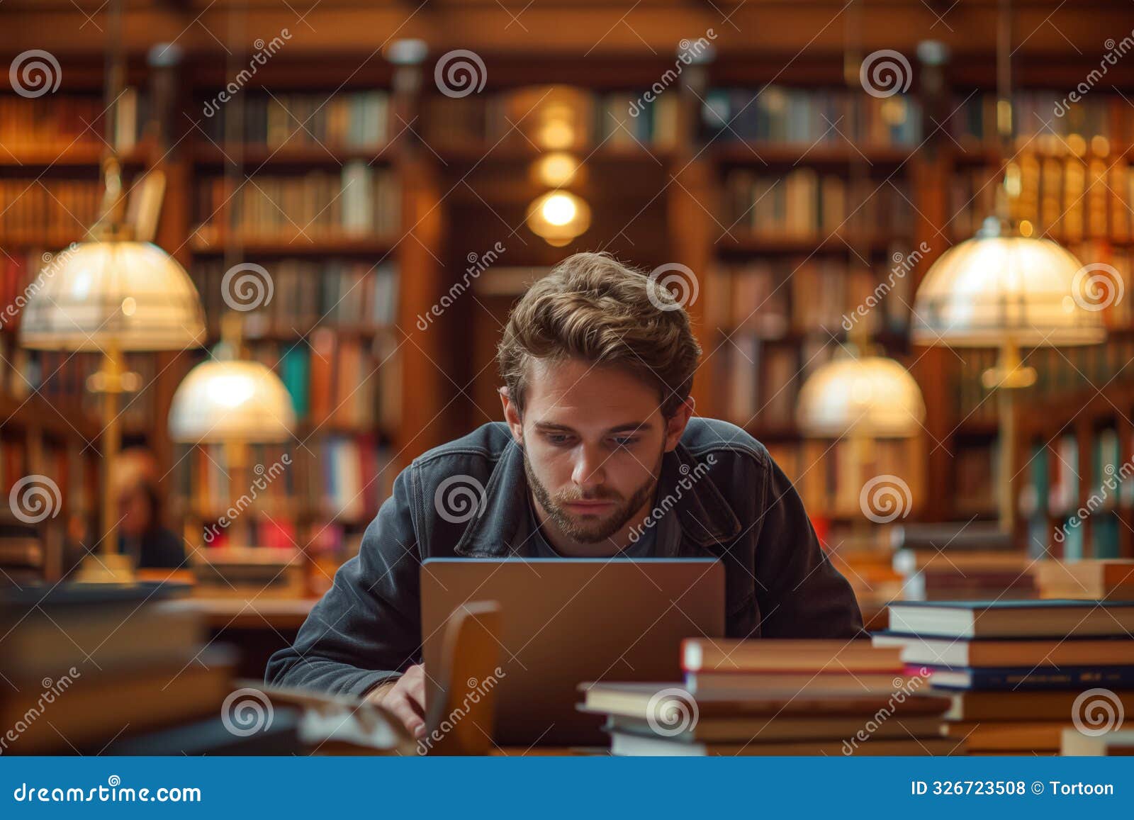 A Focused Student Studies on a Laptop in a Library, Surrounded by Books and Warm Lighting ...