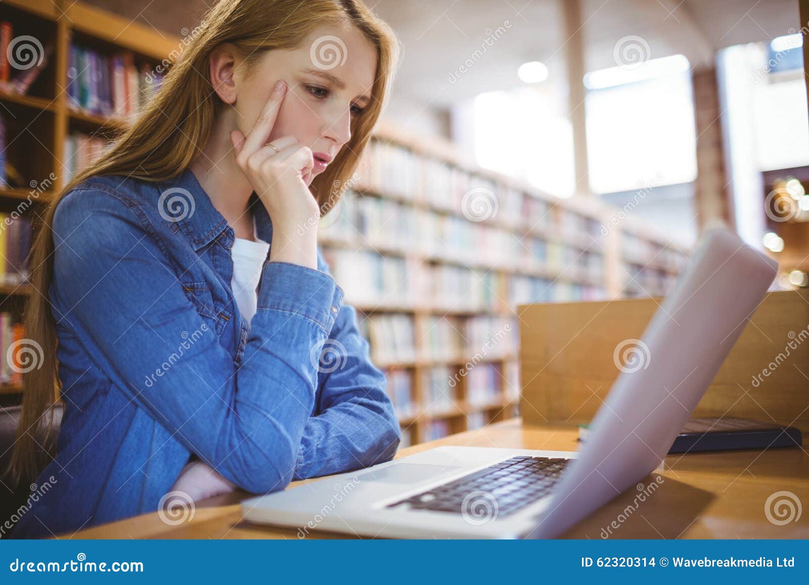 Focused Student Using Laptop in Library Stock Photo - Image of female ...