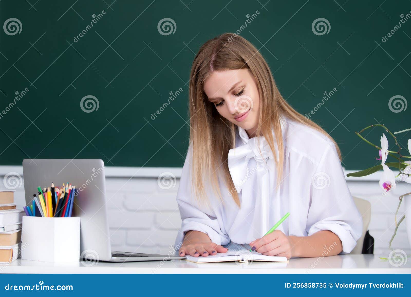 Focused Student, Young Woman, Writing on Notebook Learning Education Course, Sit at Work Desk in ...