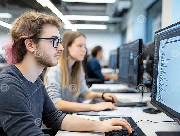 Focused Students Working on Computers in a Modern Classroom they are Engaged in Collaborative ...