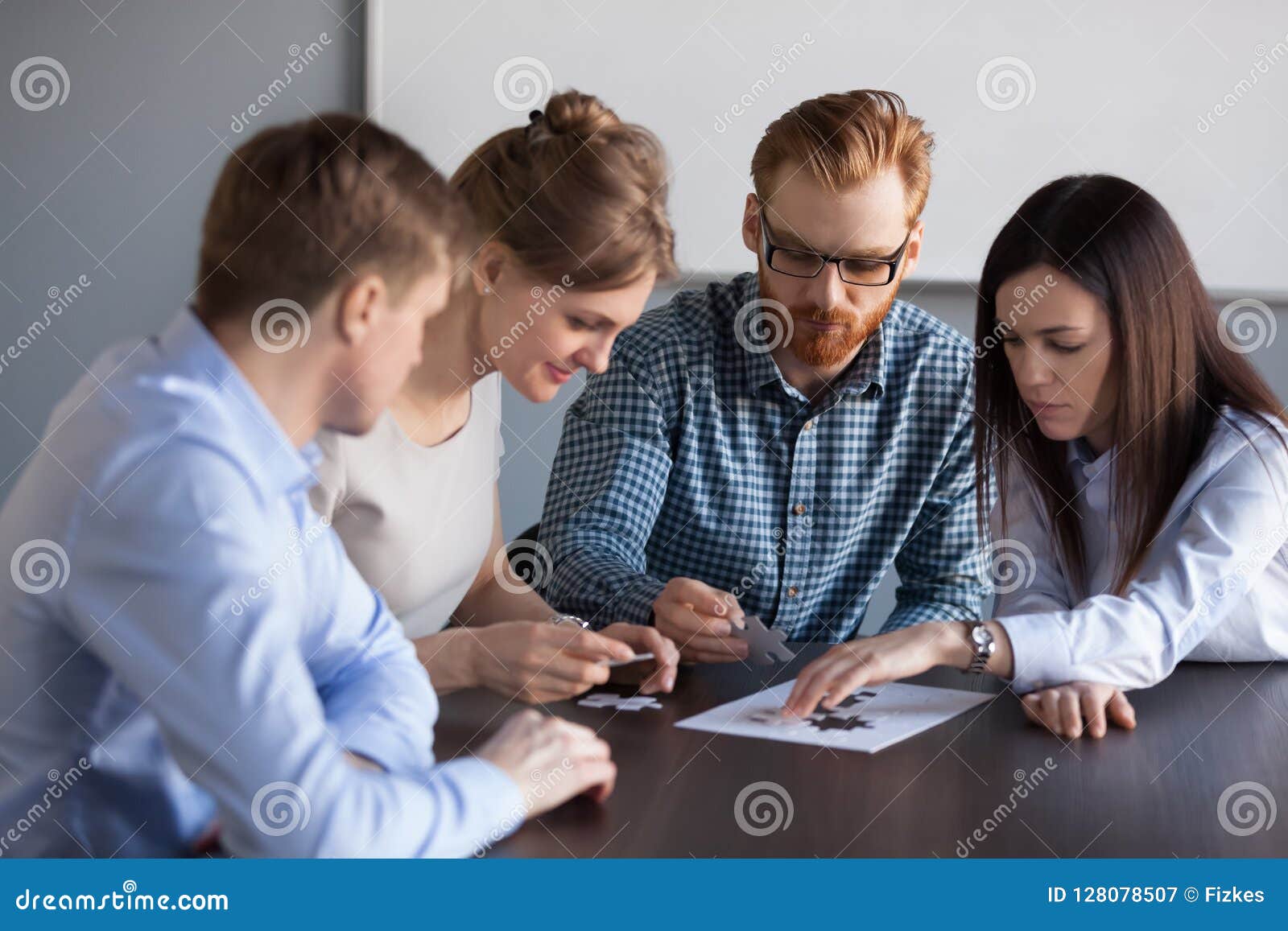 Focused Team People Assembling Puzzle Finding Business Solutions Stock ...