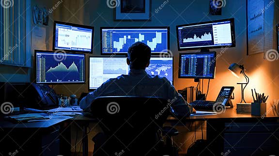 Focused Trader Analyzing Stock Market Trends in a Dimly Lit Office with Multiple Computer ...