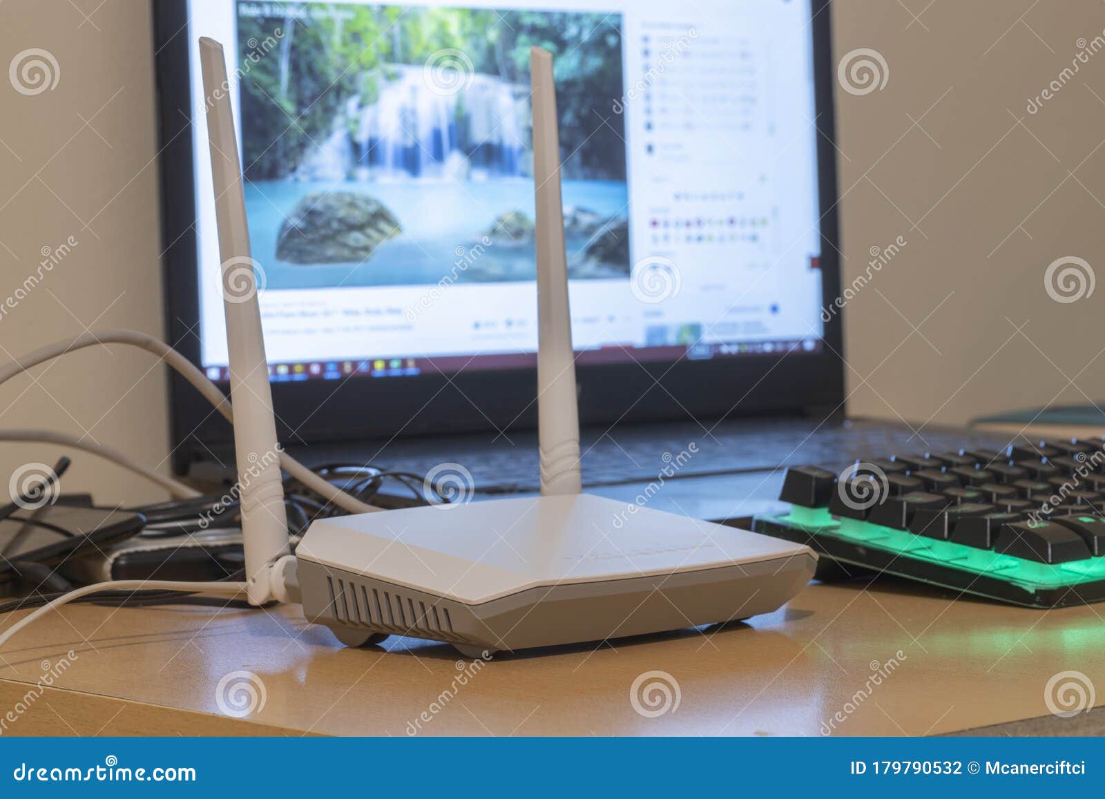 Focused on VDSL Modem. Computer and Colorful Led Keyboard in the ...