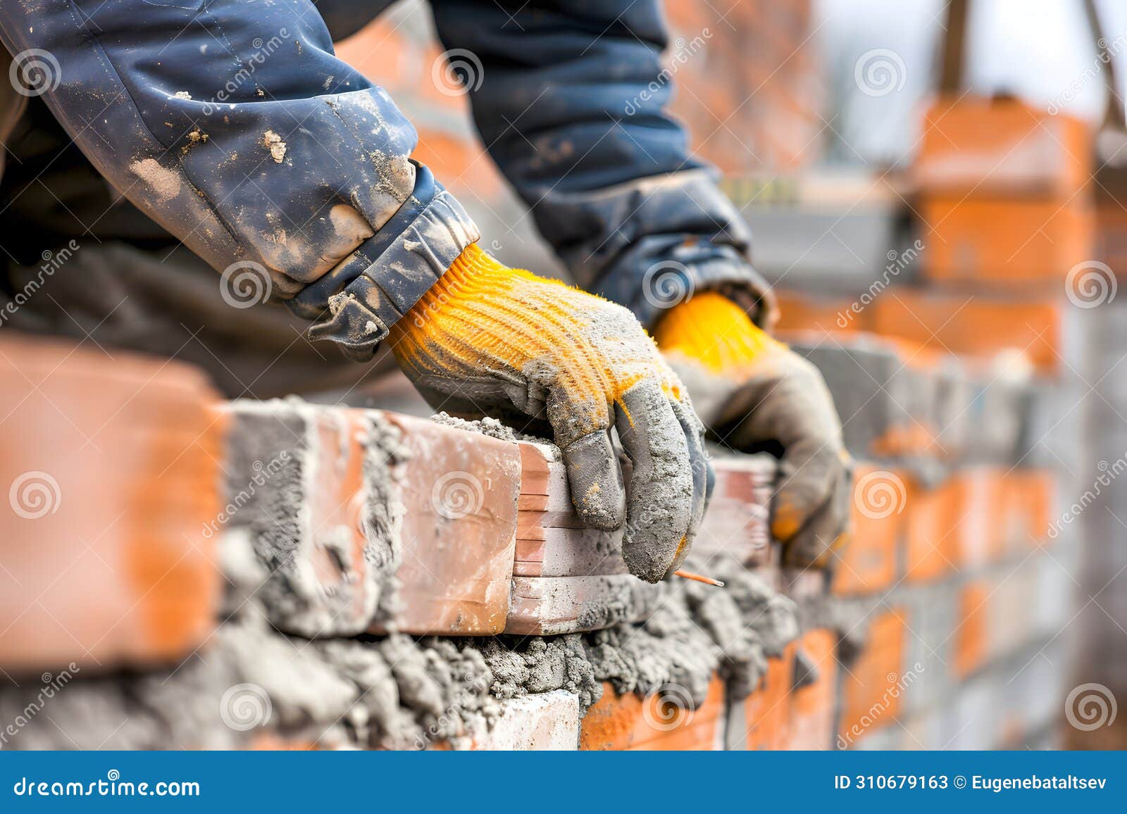 A Focused View of a Mason S Gloved Hands Placing Bricks with Mortar ...