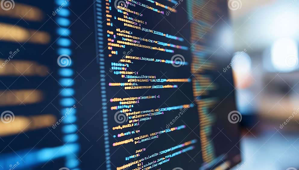 Focused View of Secure Software Development Code Displayed on Computer Screen with Blurred ...