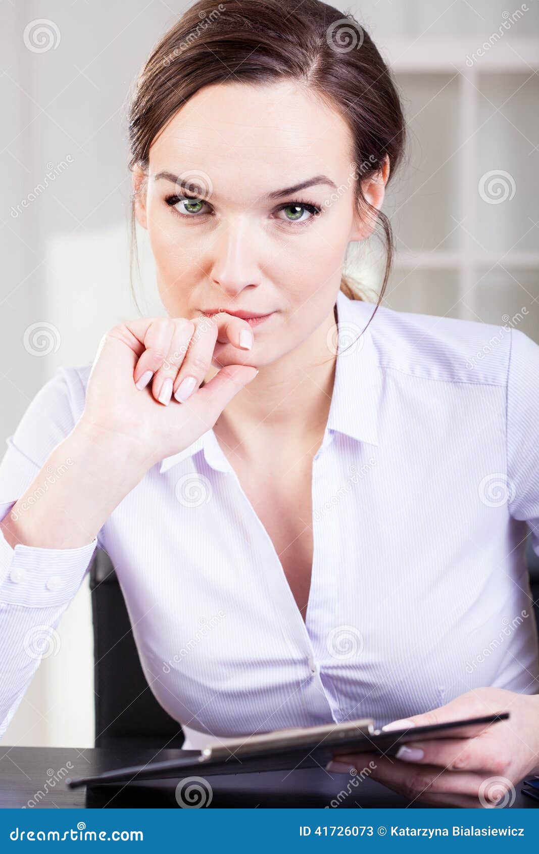 Focused Woman Looking in Front Stock Image - Image of finger, indoors ...