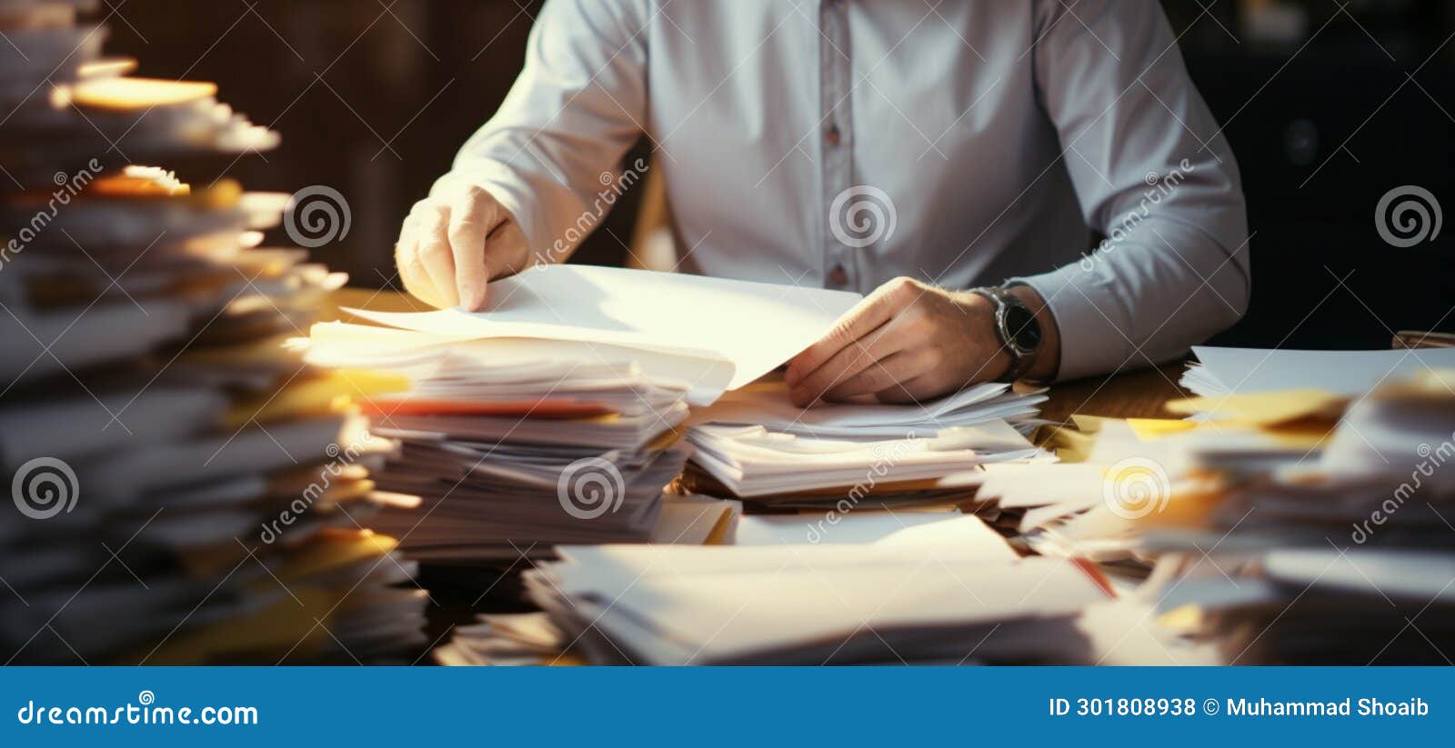 Focused Work Employee Hands Sift Through Stacks Of Business Documents ...
