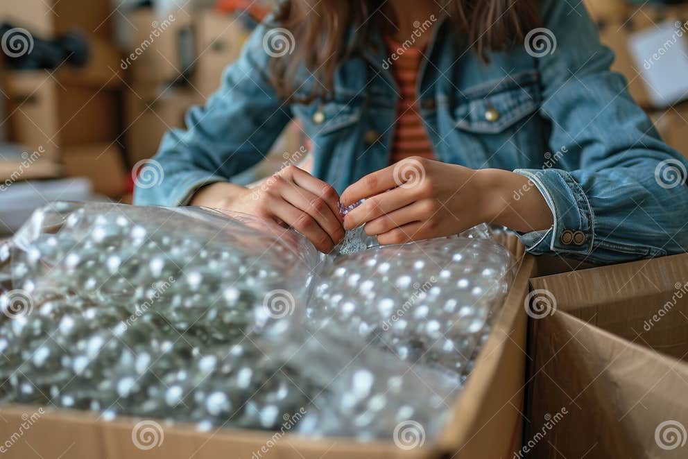 Worker Carefully Packs Fragile Items with Bubble Wrap for Secure ...