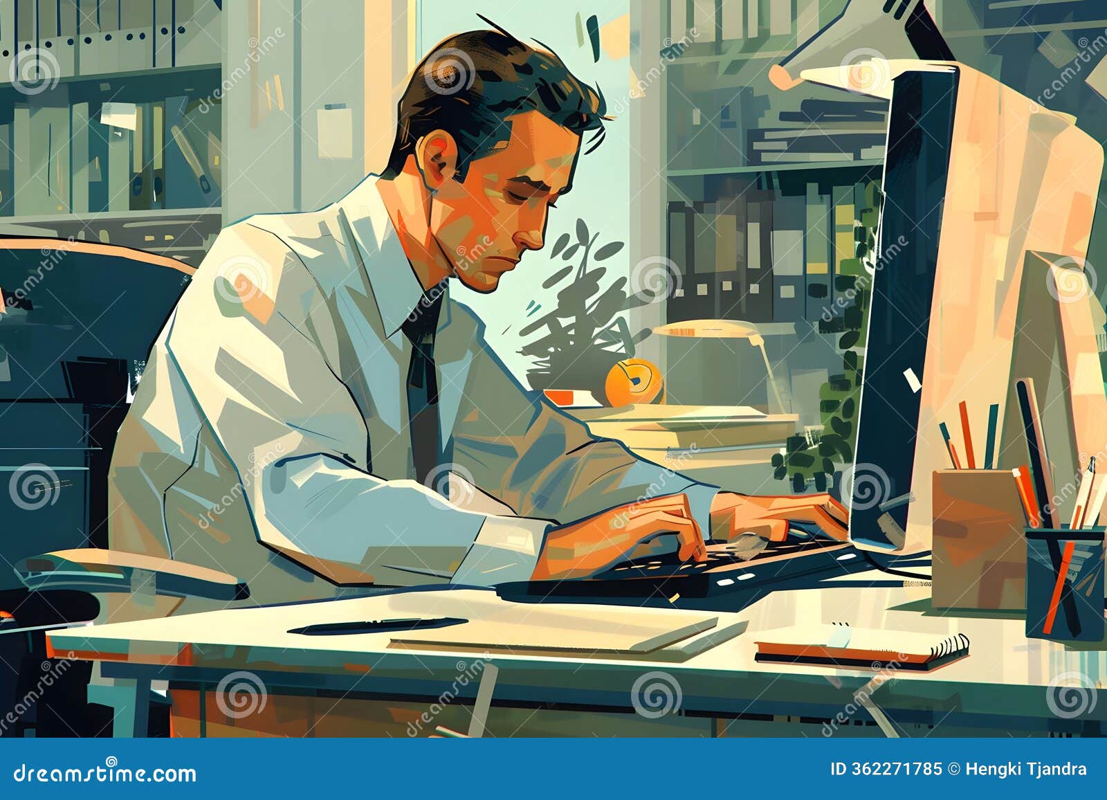 A Focused Worker Types on Keyboard in Office Setting, Diligent Employee ...
