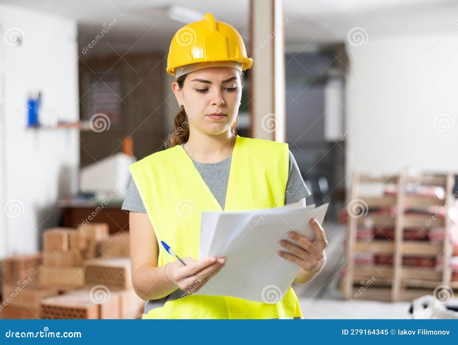 Female Civil Engineer Making Notes while Controlling Construction Site ...