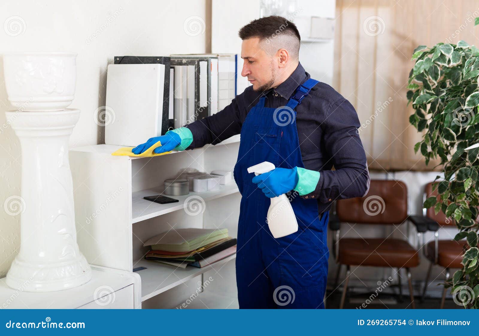 Young Man Cleaner Working at Office Stock Photo - Image of disinfecting ...