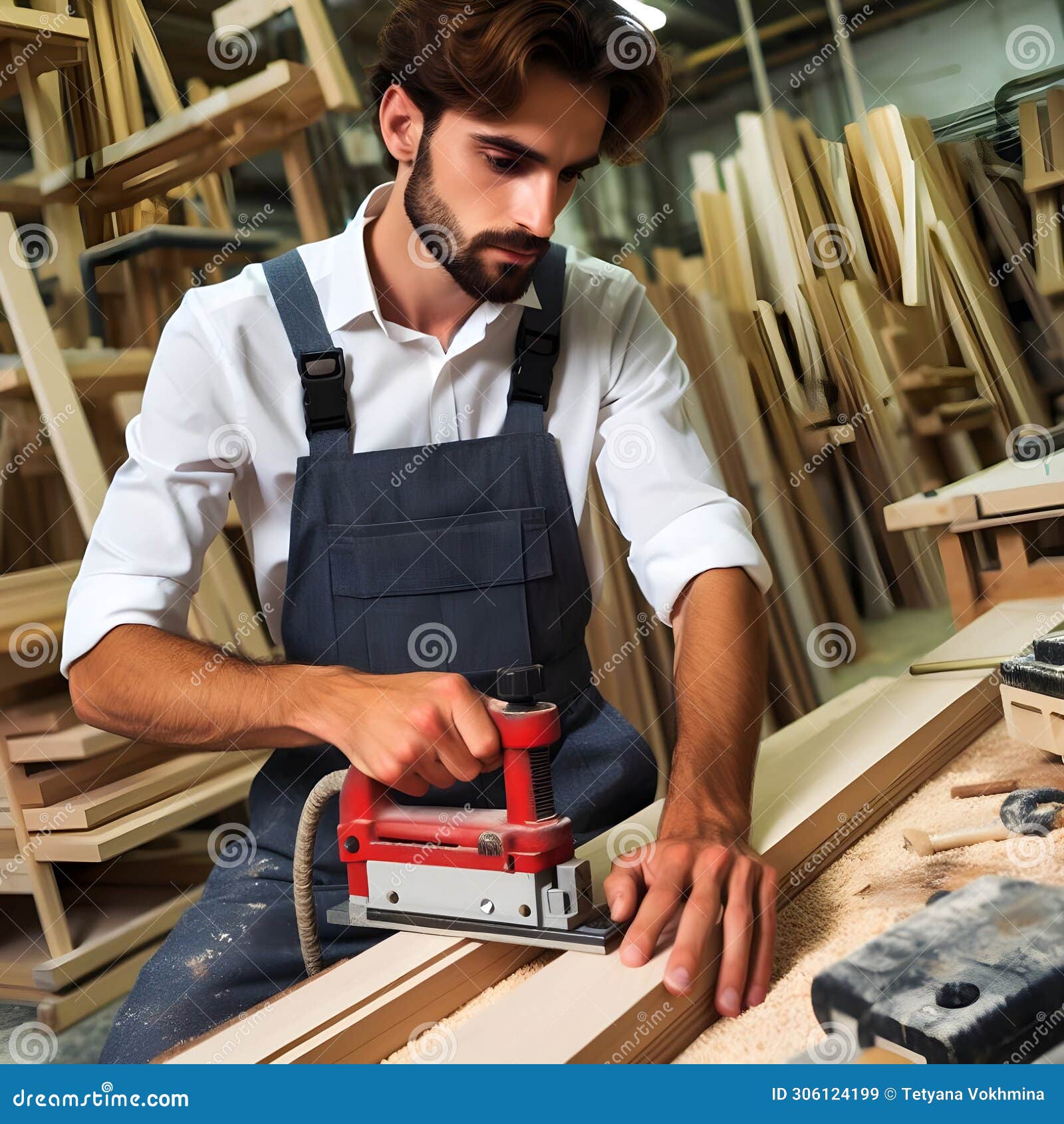 A Young Carpenter Works with Wooden Planks in a Furniture Making ...