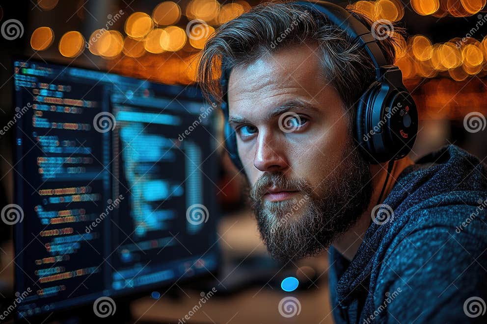 Focused Young Programmer with Headphones Coding at Office Desk: a Snaps ... Focused Young Programmer with Headphones Coding at Office Desk: a Snaps ...