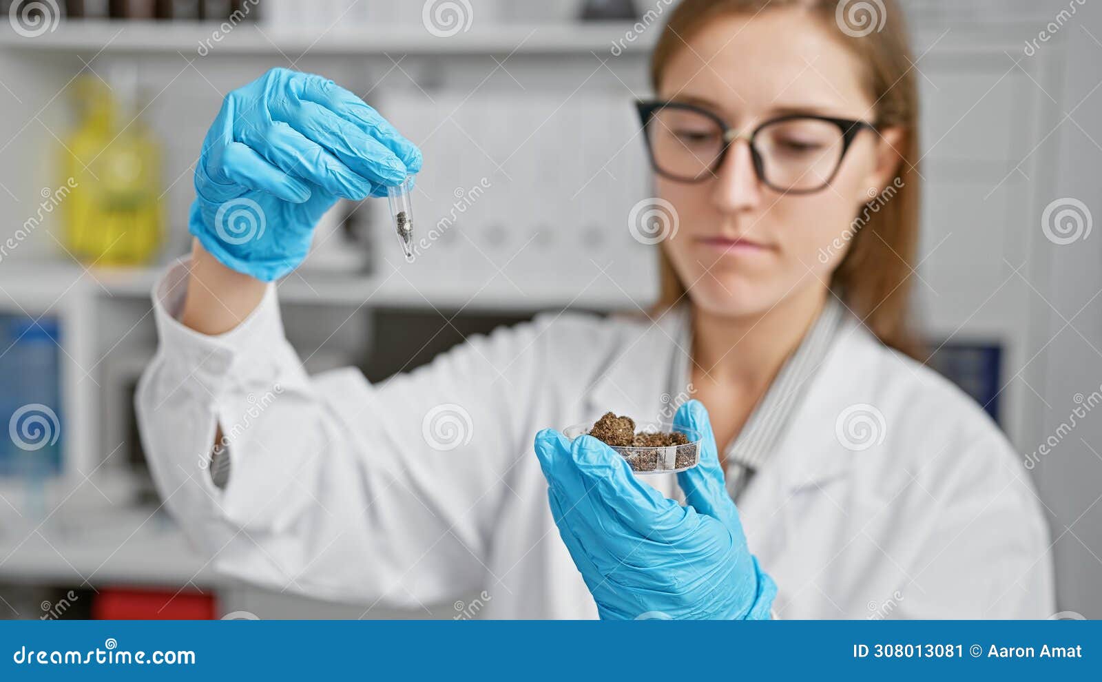 A Focused Young Woman Scientist Examining Soil Samples in a Laboratory ...
