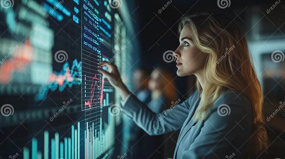 Focused Young Woman Using Large Data Visualization Screen Stock ...