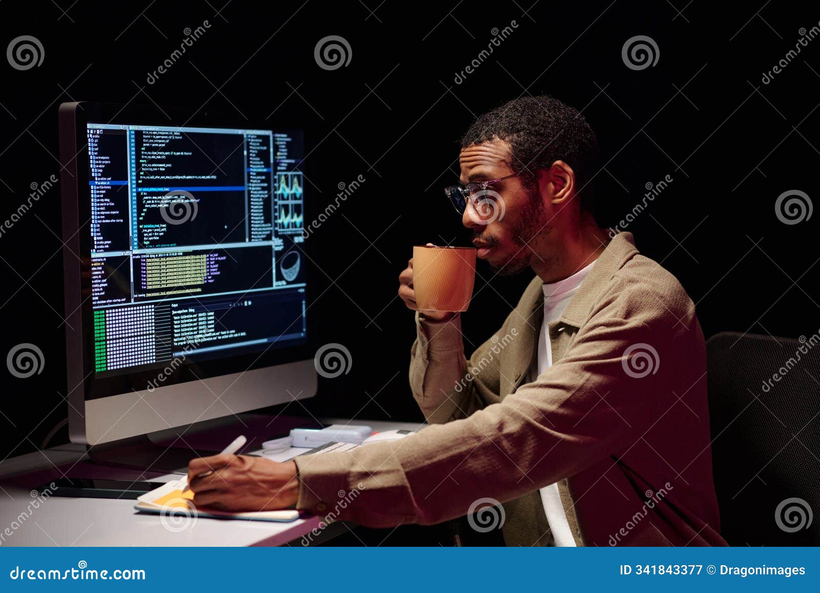 Focusing on Coding with Coffee at Desk Stock Image - Image of screen, project: 341843377