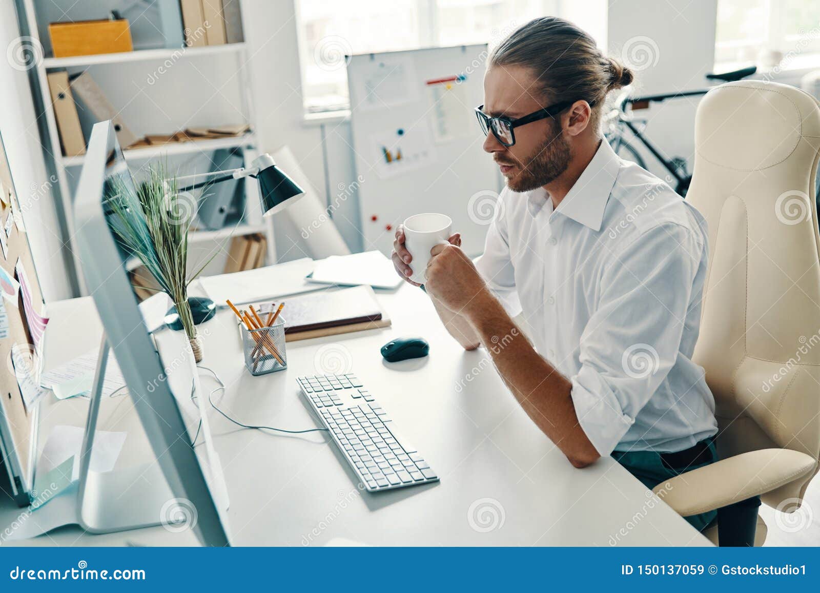 Focusing at work. stock image. Image of manager, caffeine - 150137059