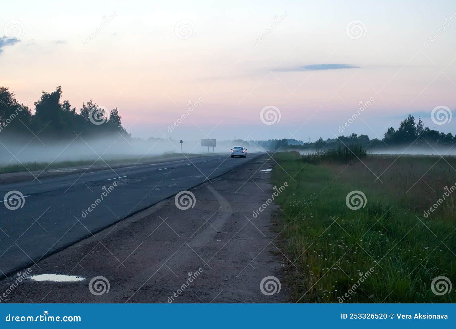 Fog on a Country Road at Sunset Stock Photo - Image of forest, trees ...
