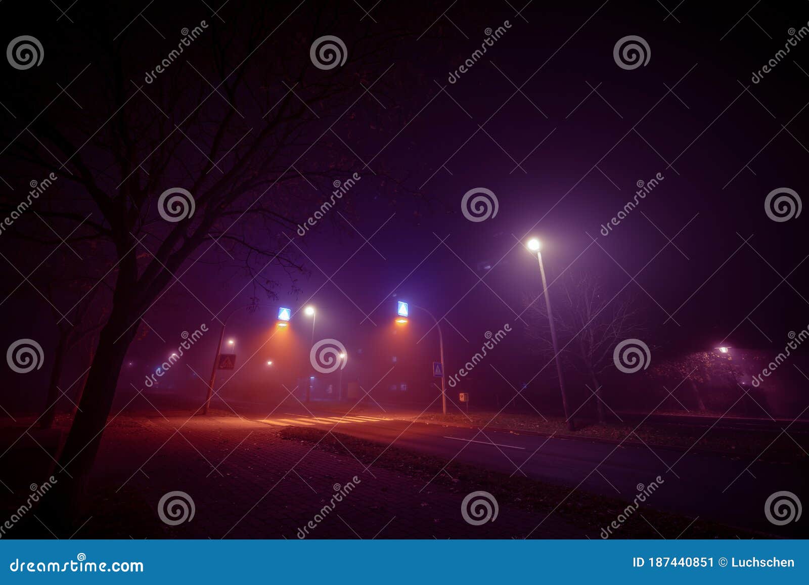 Fog at the Crossroads in the Night City Stock Image - Image of street ...