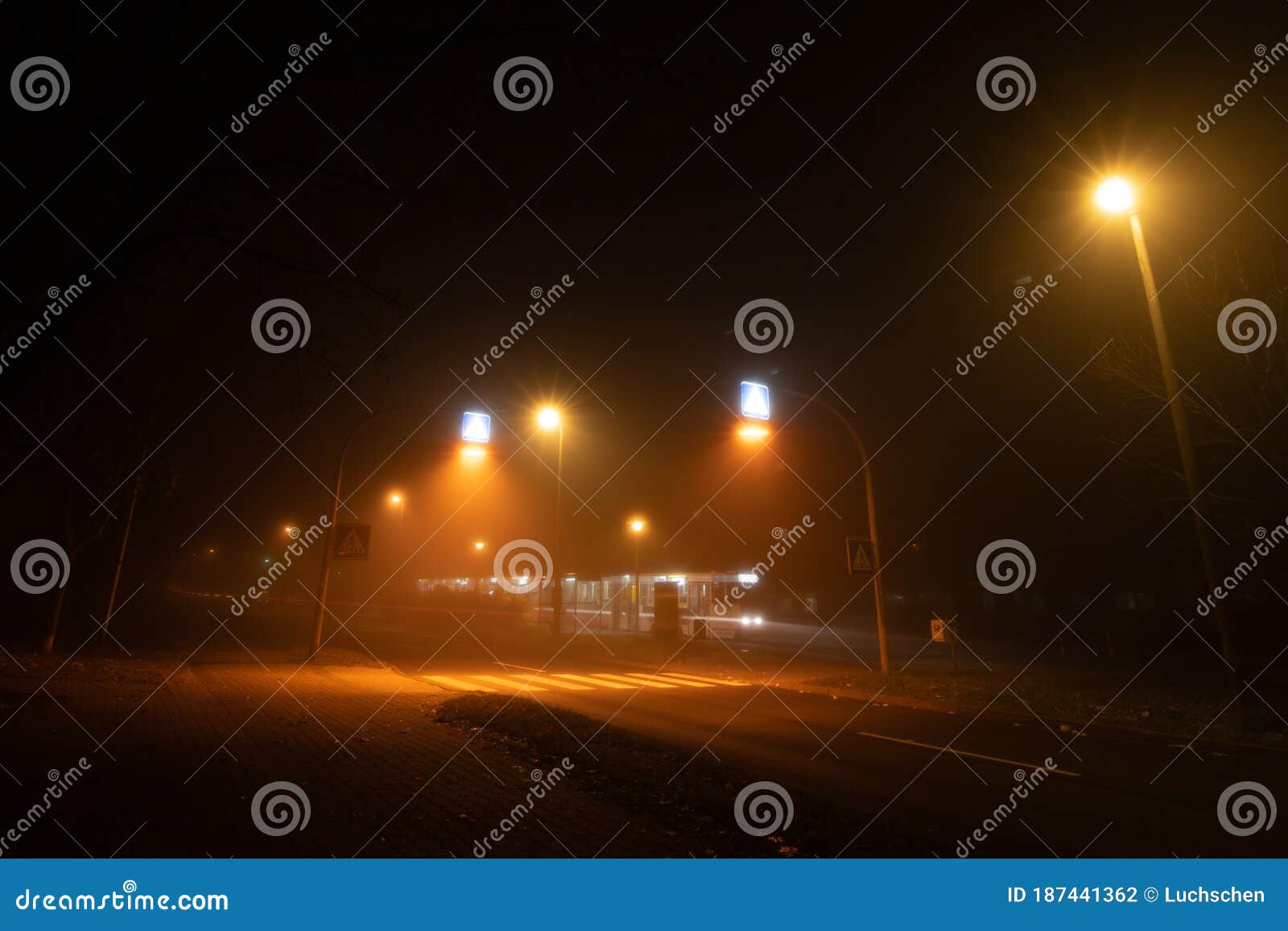 Fog at the Crossroads in the Night City Stock Photo - Image of dark ...