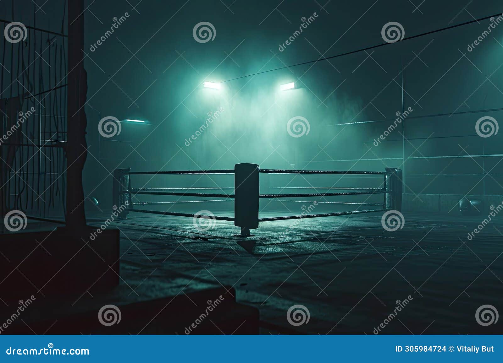 Fog-enveloped Boxing Ring in an Ominous, Empty Warehouse. Dramatic ...