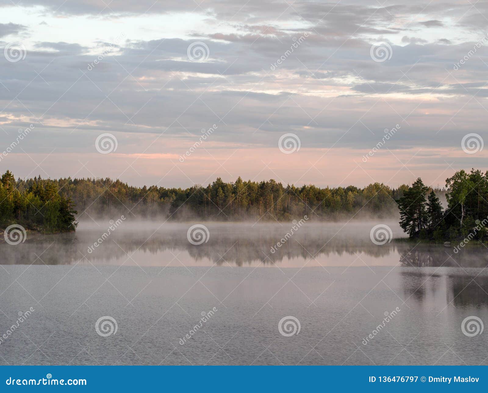 Fog on a forest lake stock image. Image of sunrise, woodland - 136476797