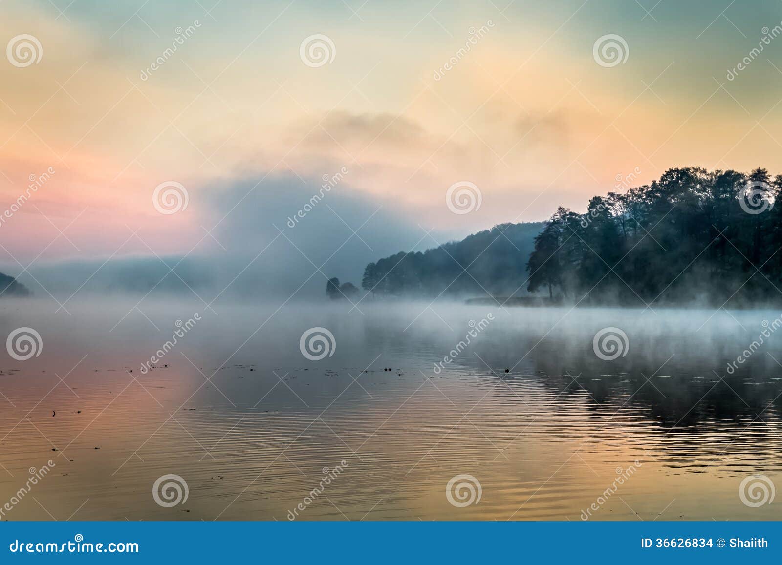 Fog Over the Lake at Sunrise Stock Photo - Image of foliage, orange ...