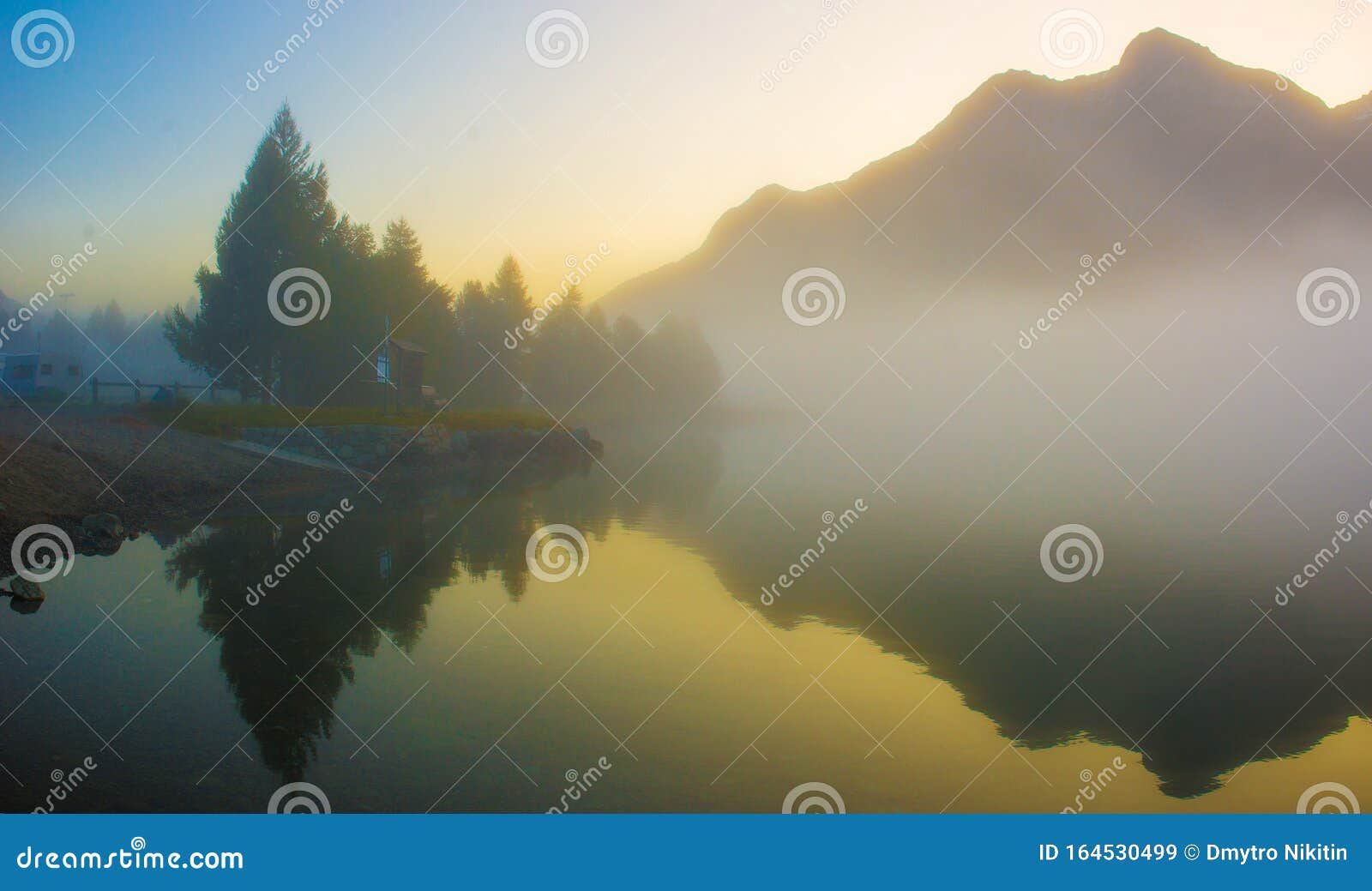Fog Over a Mountain Lake before Dawn Stock Image - Image of loneliness ...