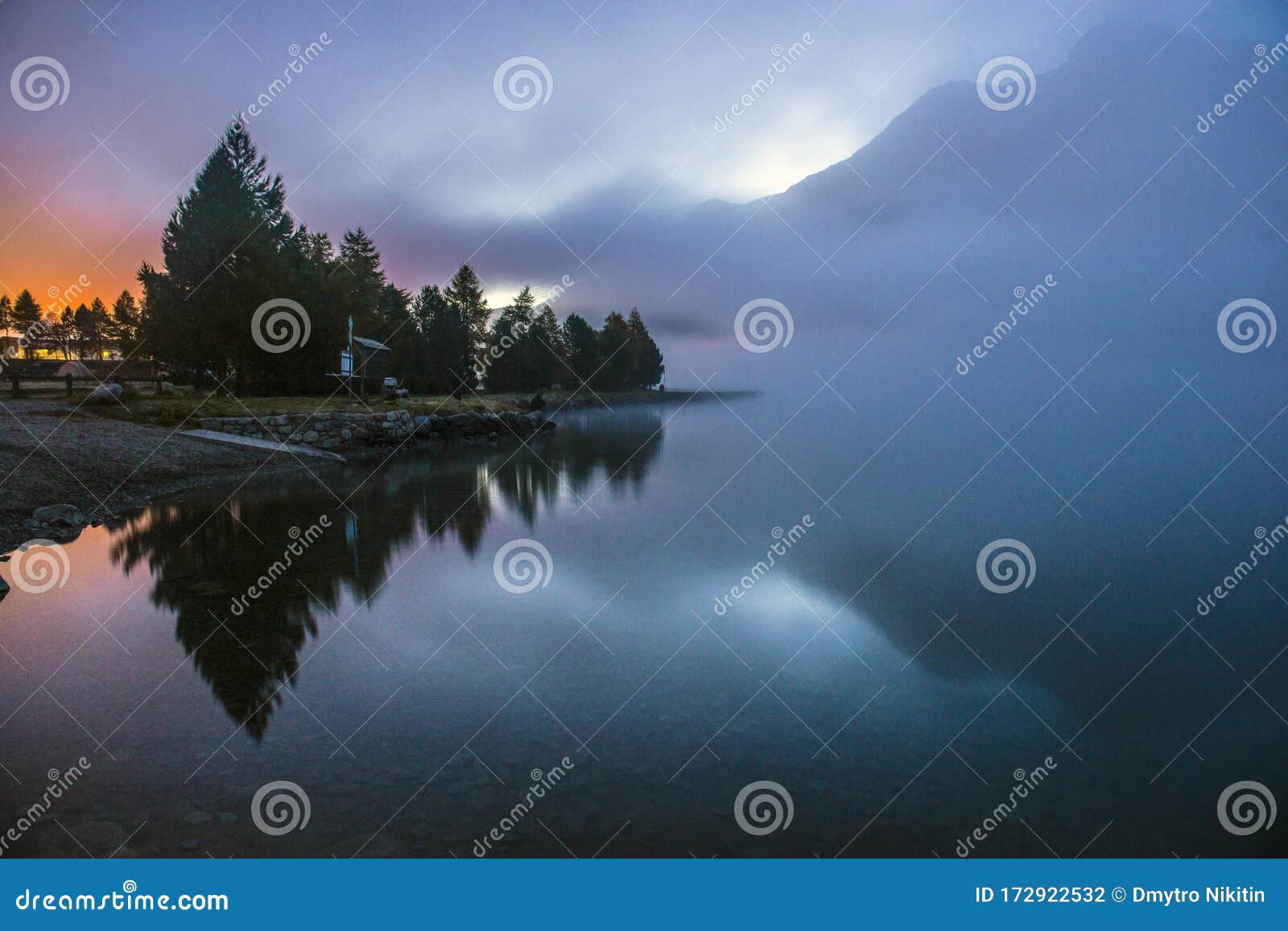 Fog Over a Mountain Lake before Dawn Stock Photo - Image of scenics ...