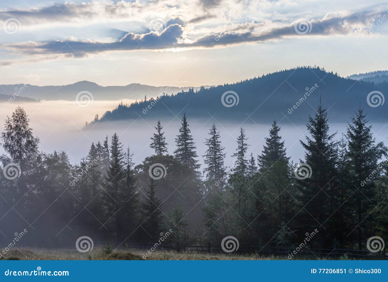 Fog Over Mountain Range in Sunrise Light. Stock Image - Image of field ...