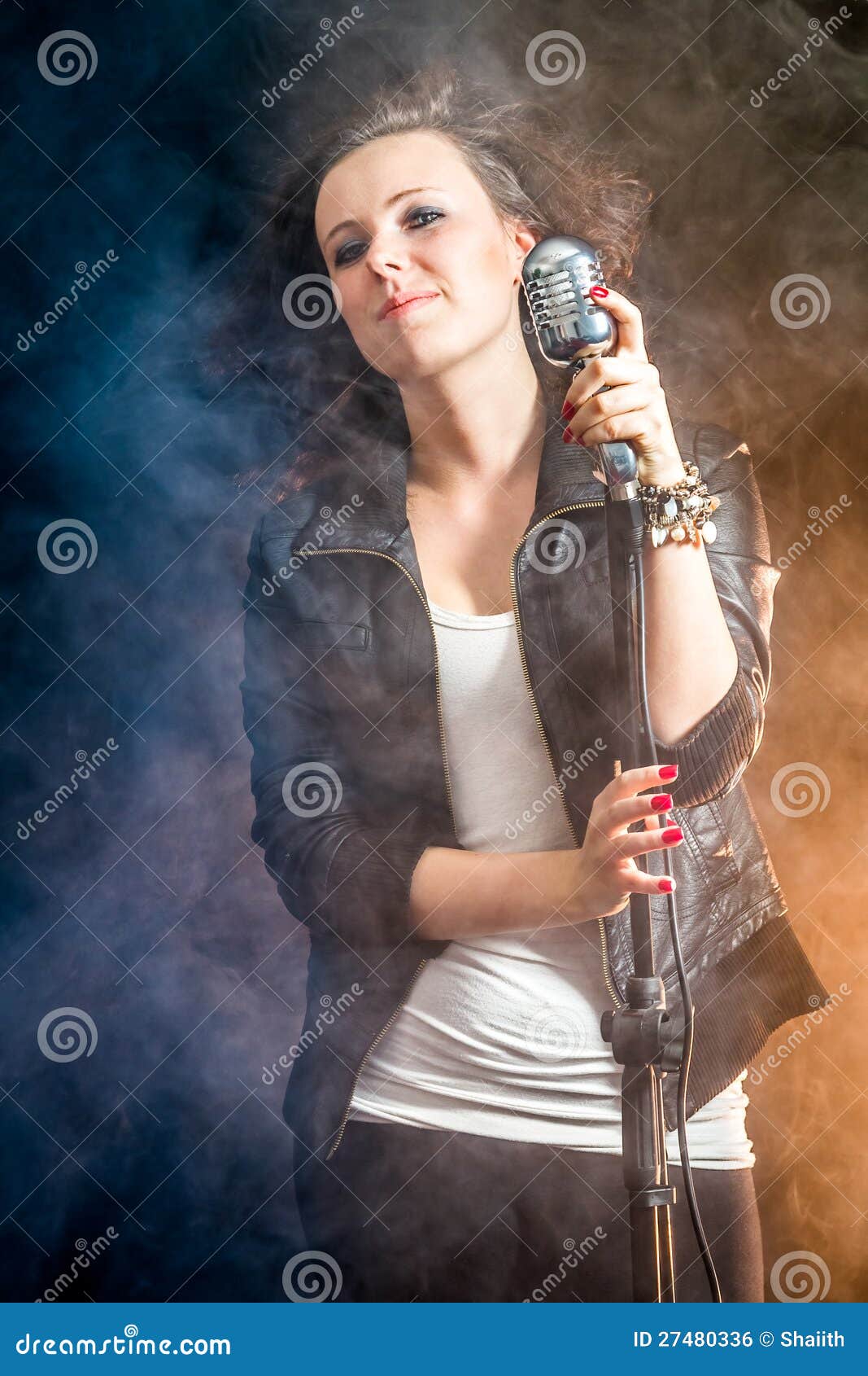 Fog and Stage Lighting and a Young Singer Stock Photo - Image of music ...