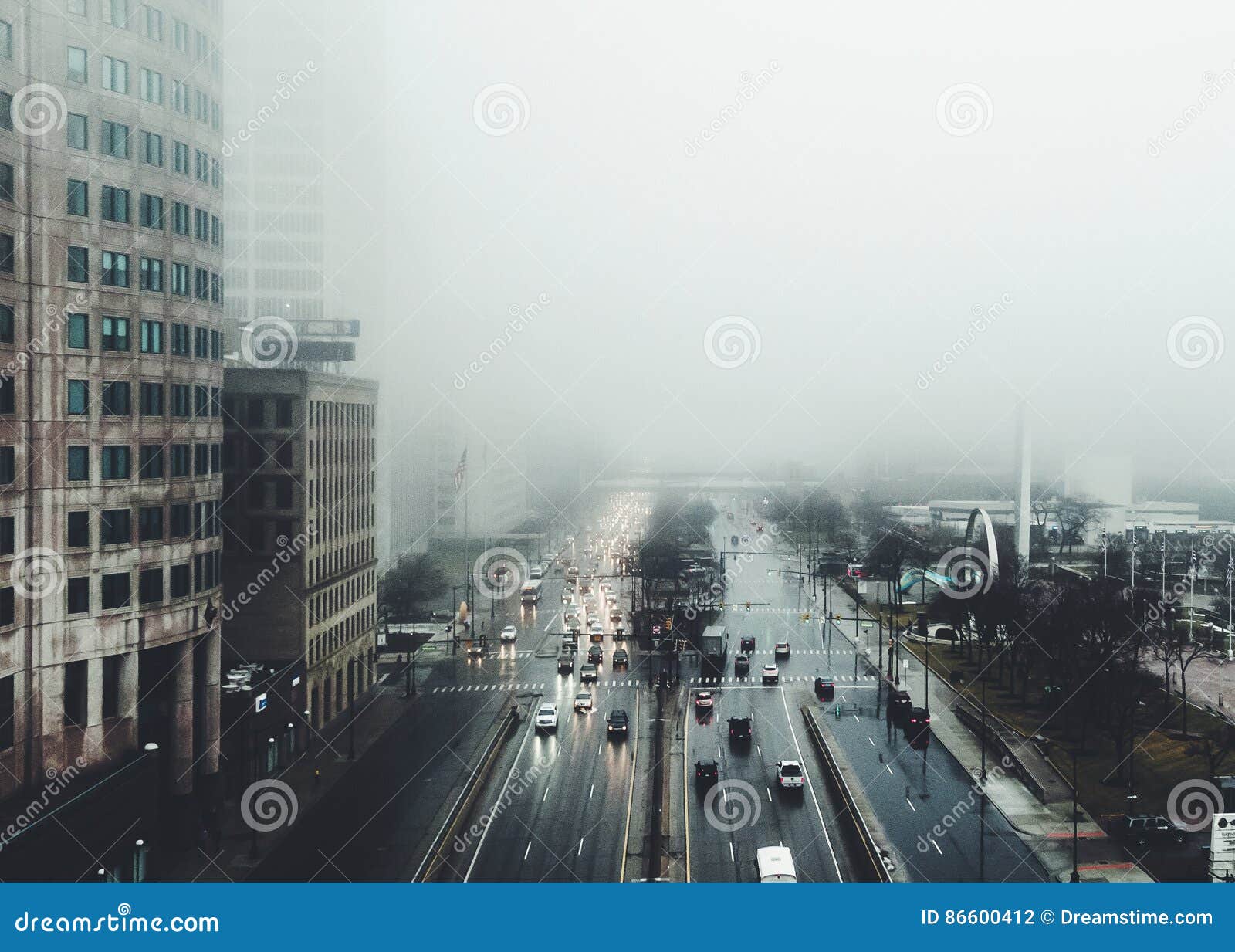 Foggy City stock photo. Image of street, downtown, foggy - 86600412