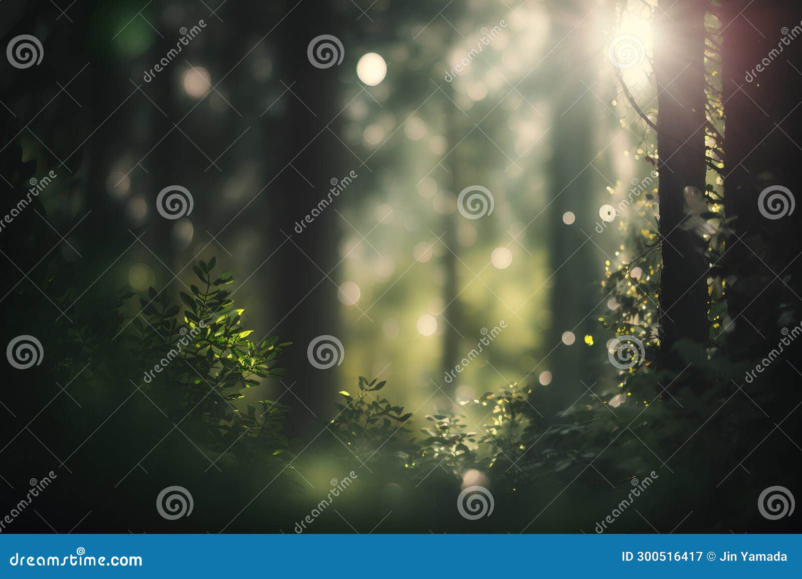 Foggy Dark Forest with Sun Rays and Bokeh Lights Stock Illustration ...
