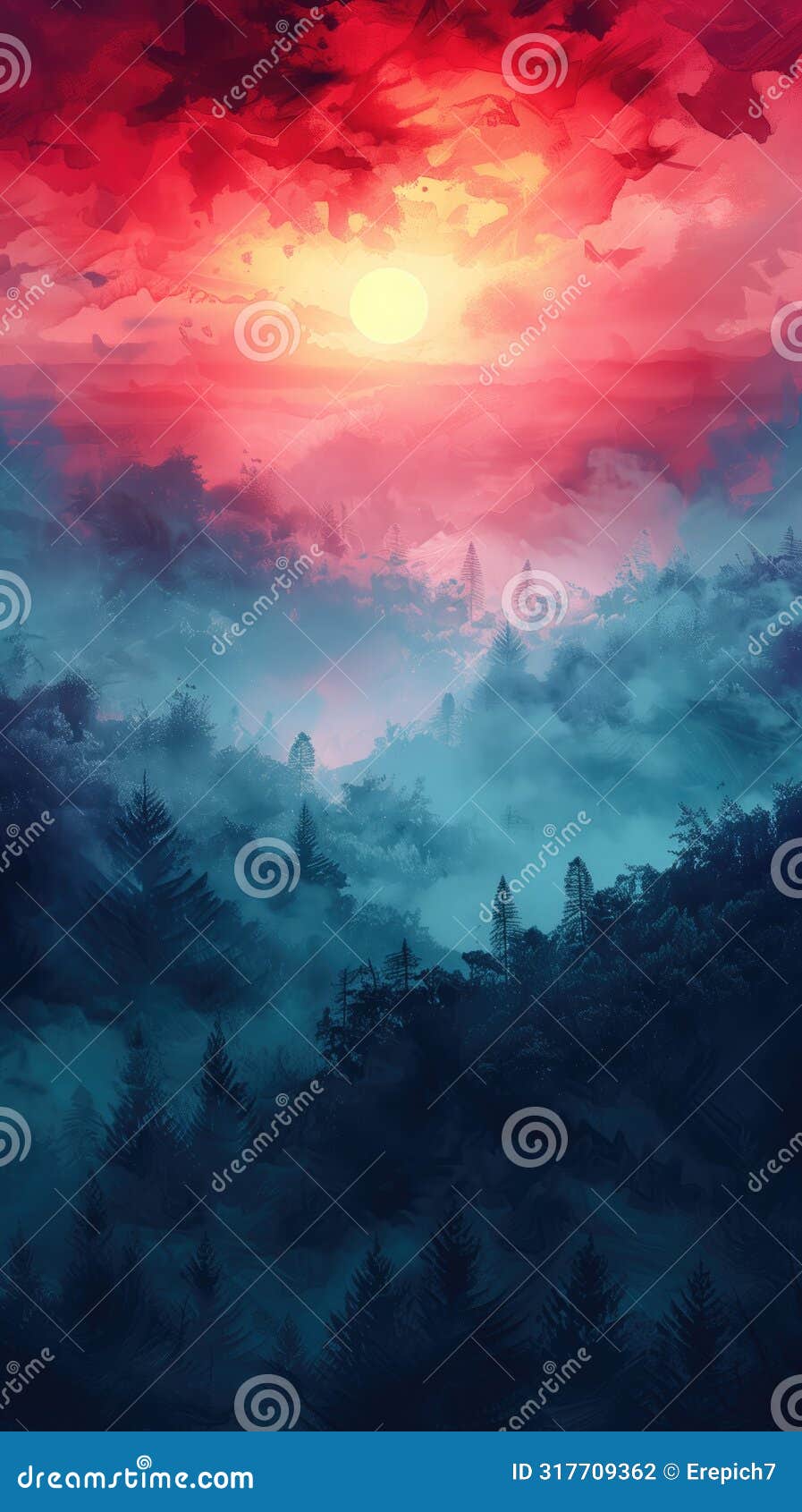 Foggy Forest in the Mountains at Sunset. Vertical Background. Digital ...