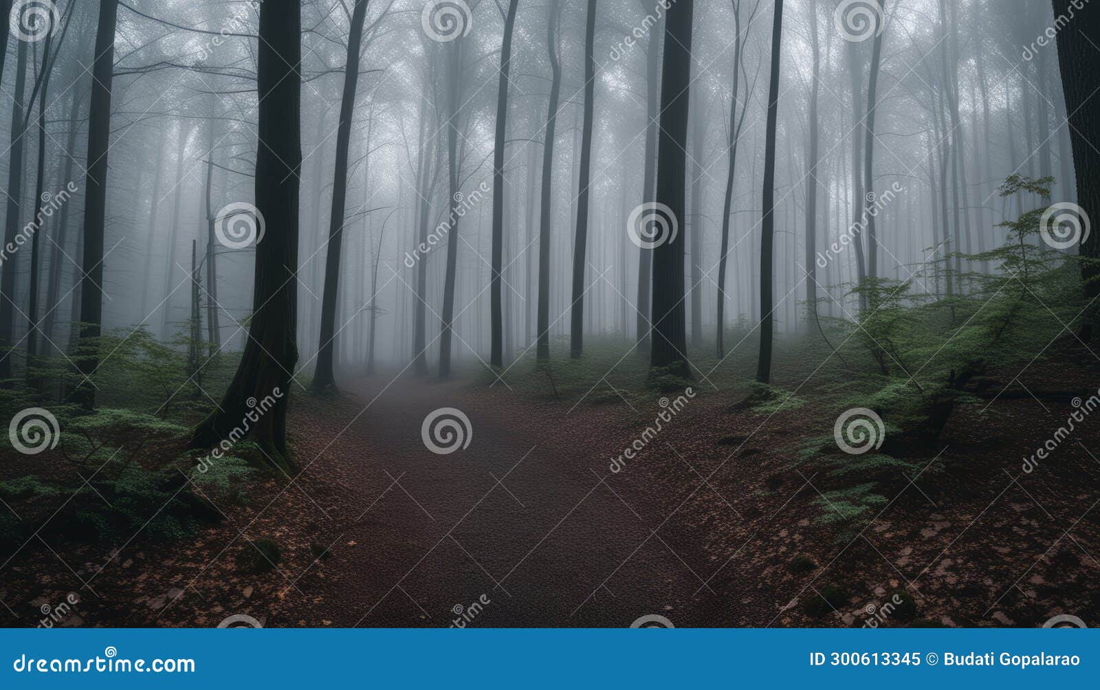 A Foggy Forest Path with Trees on Both Sides Stock Illustration ...
