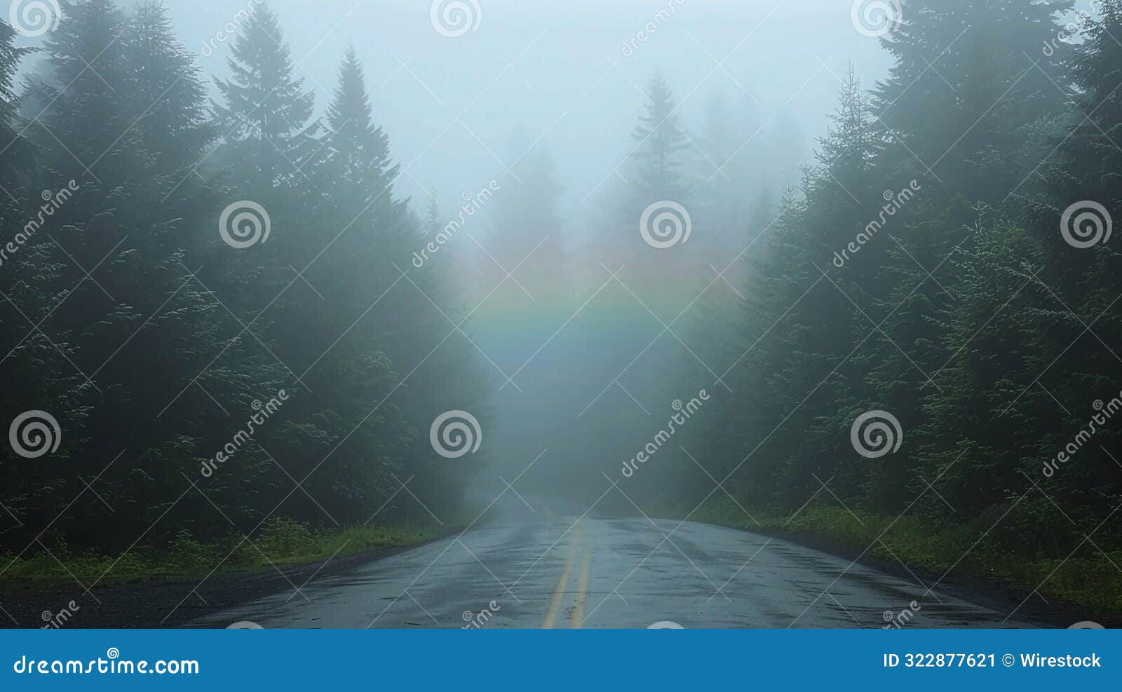 Foggy Forest Road with Tall Trees and a Subtle Rainbow in the Mist, AI ...