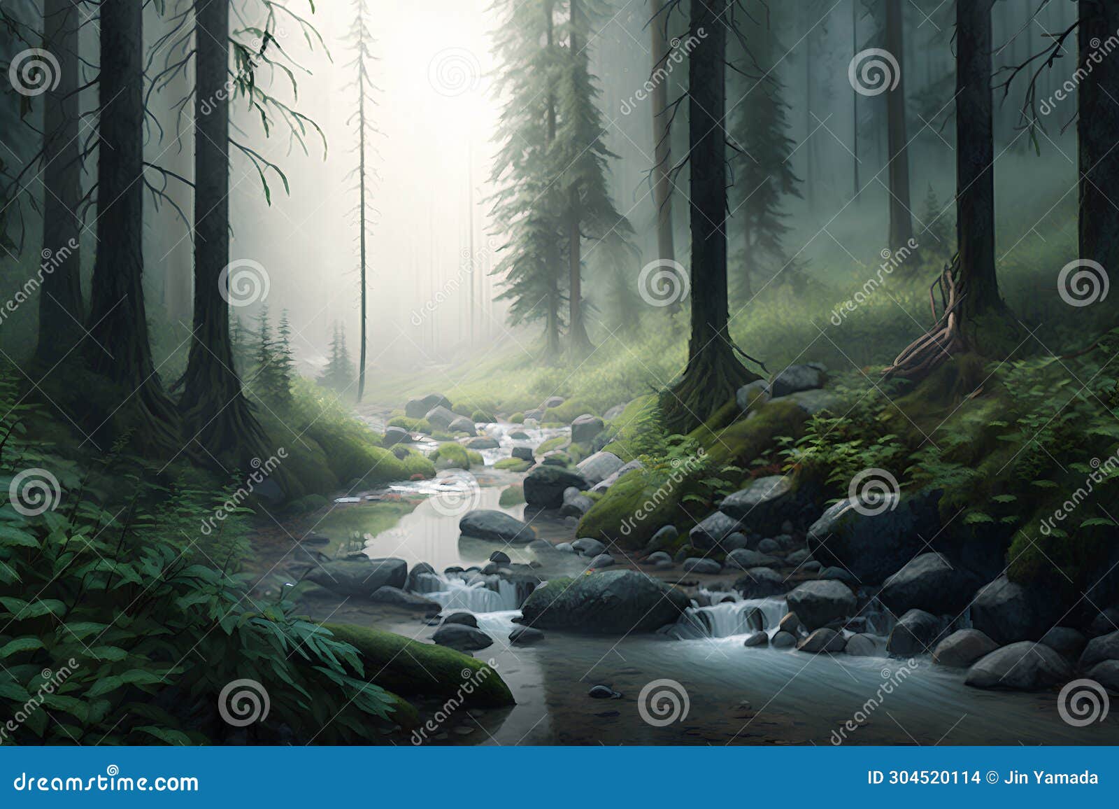 Foggy Forest Stream. 3D Rendering, 3D Illustration Stock Illustration ...