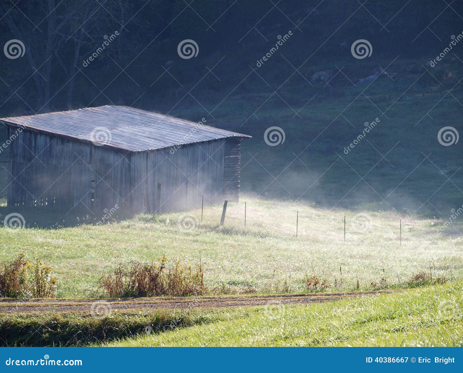 Fog barn stock image. Image of field, fence, barn, morning - 40386667