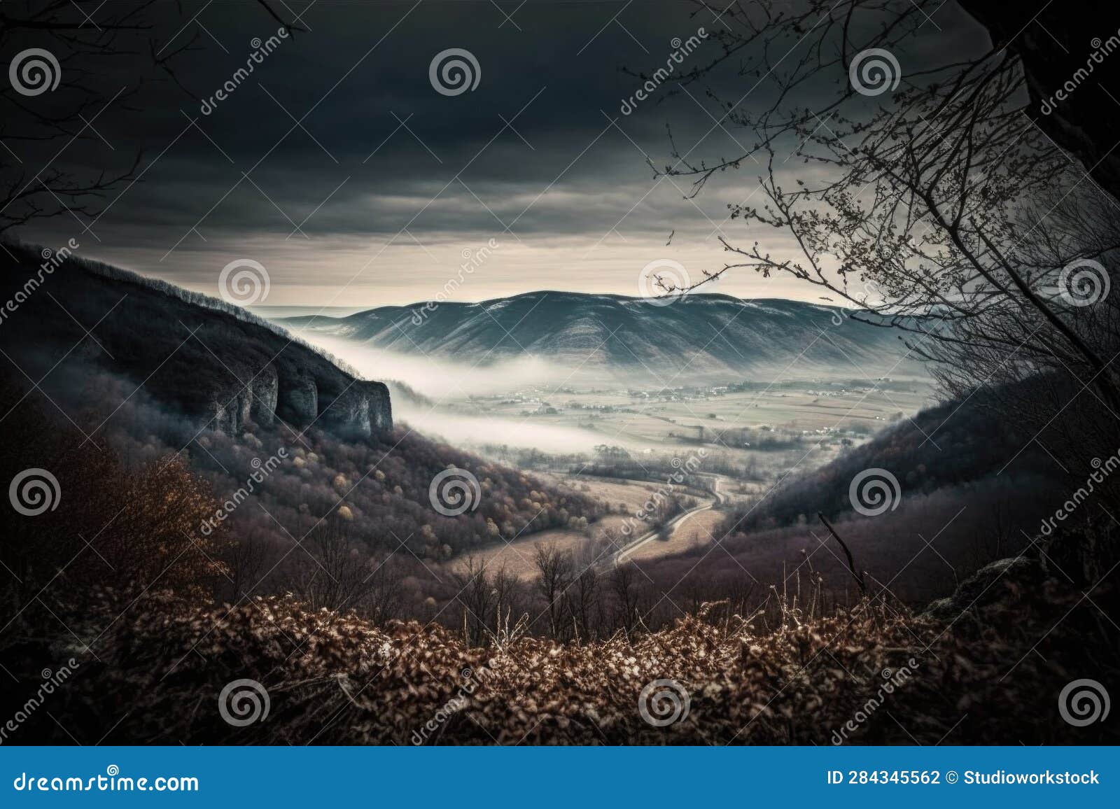 Foggy Mountain Top with View of the Valley Below Stock Photo - Image of ...