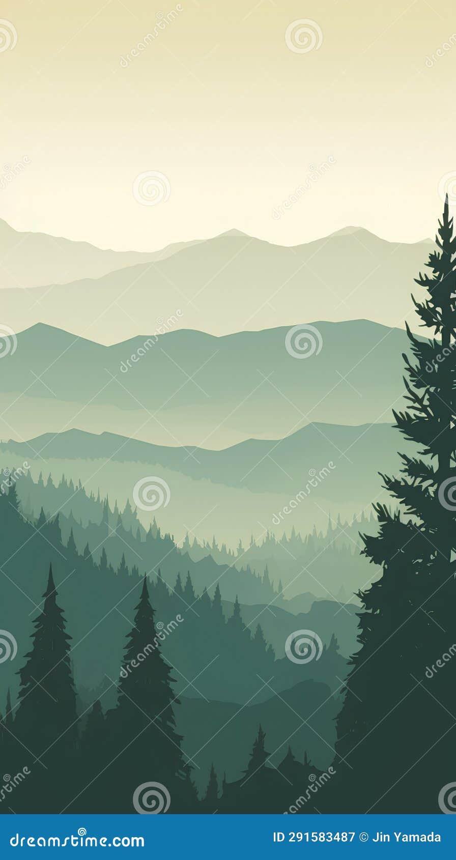 Foggy Mountains Landscape with Coniferous Forest. Vector Illustration ...