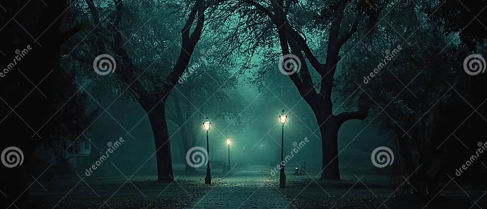 Foggy Path with Streetlights in a Forest Stock Illustration ...