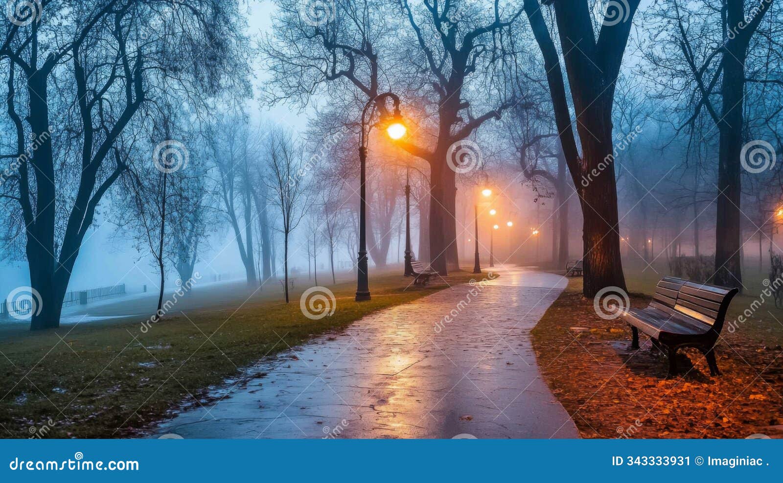 Foggy Pathway through a Tree-Lined Park at Dusk Stock Illustration ...