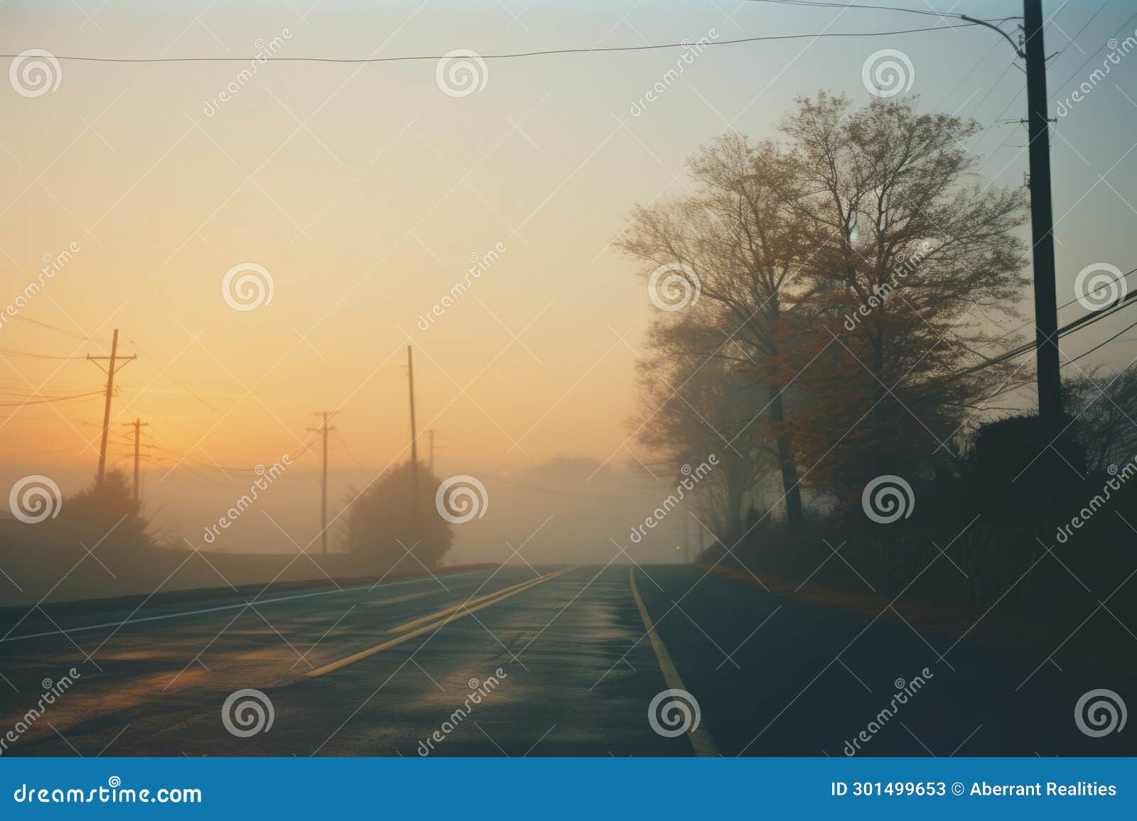Foggy Road at Sunset with Power Lines and Telephone Poles Stock ... Foggy Road at Sunset with Power Lines and Telephone Poles Stock ...