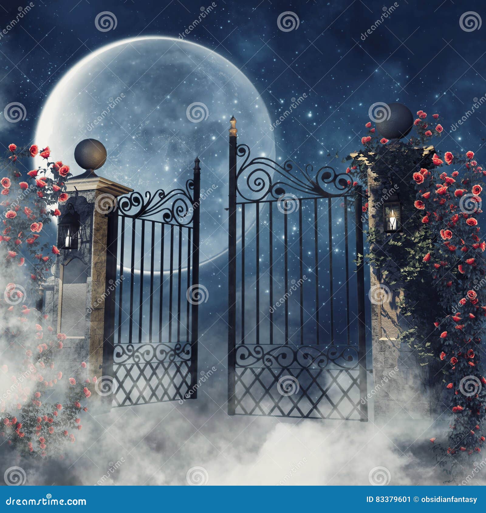 Foggy Scene with a Gothic Gate Stock Illustration - Illustration of ...