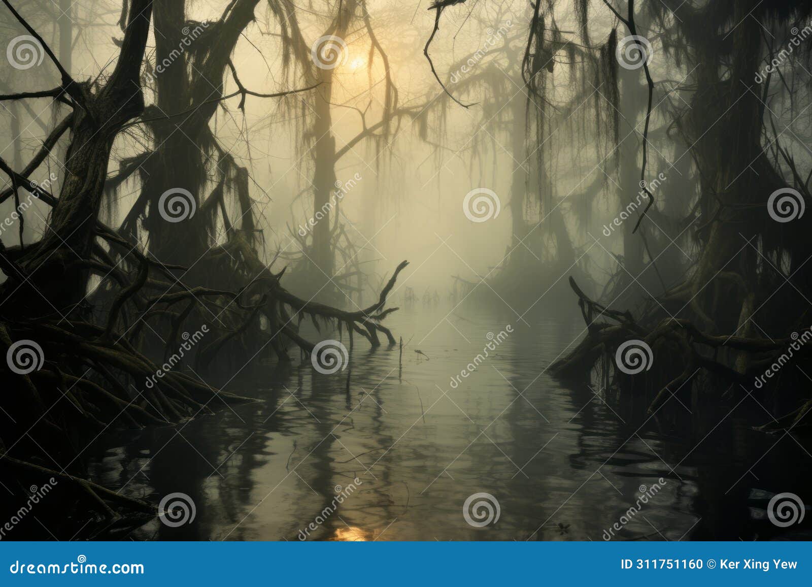 Foggy Swamp with Trees in the Background Stock Illustration ...