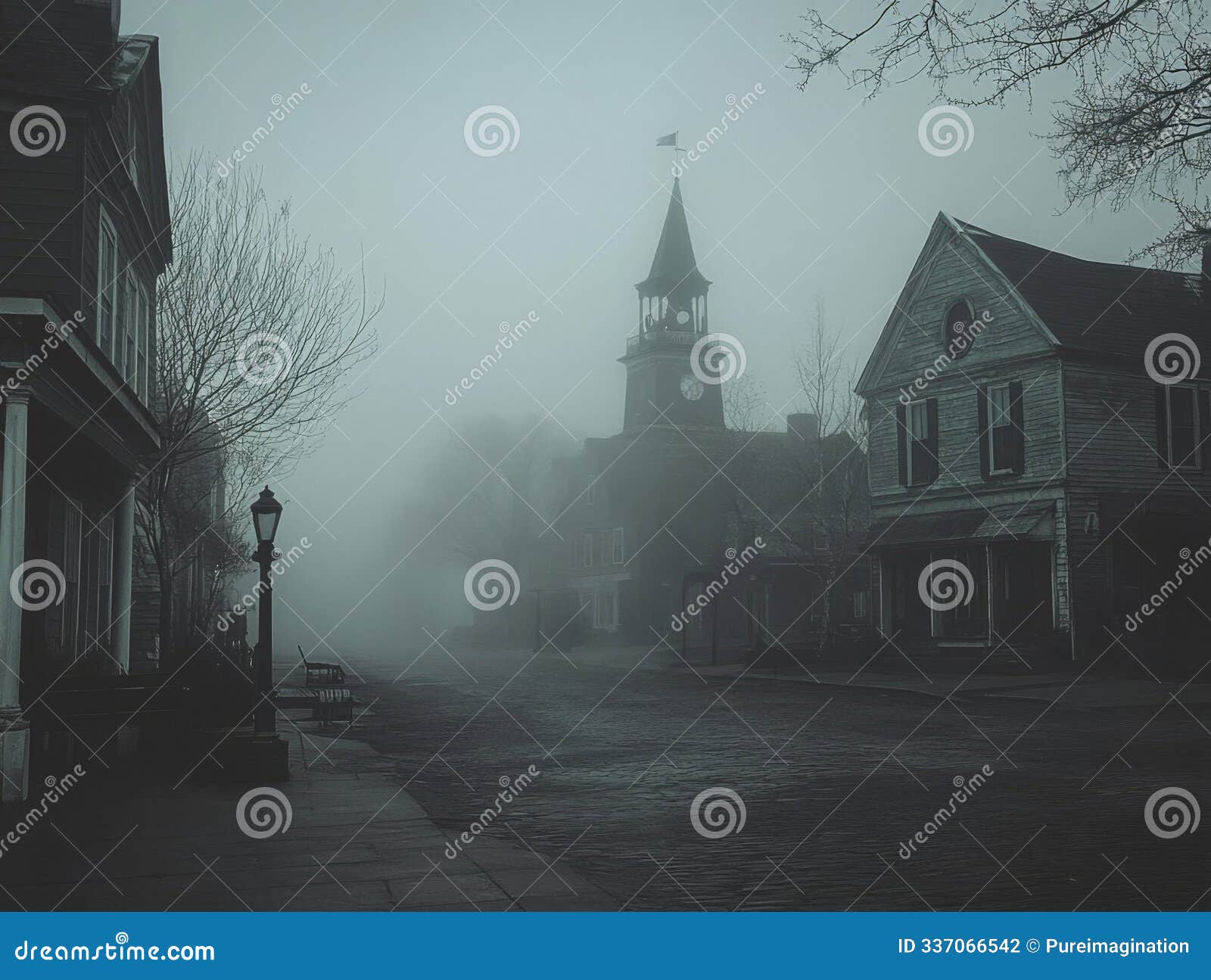 Foggy Town Square with a Clock Tower and Houses Stock Illustration ...