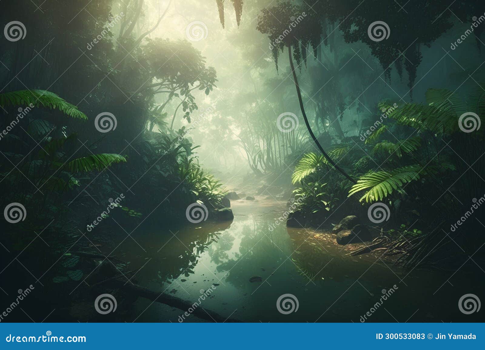 Foggy Tropical Forest with a Small Stream and Reflection in the Water ...